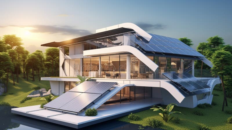 Futuristic Generic Smart Home with Solar Panels Rooftop System. a ...