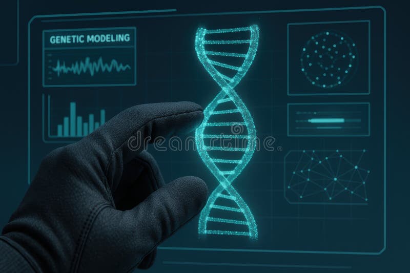 Futuristic Genetic Modeling Concept with Digital DNA Helix and Data Visualization in Gloved Hand ...