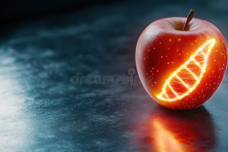 Futuristic Genetically Modified Apple with Glowing DNA Helix Pattern on ...