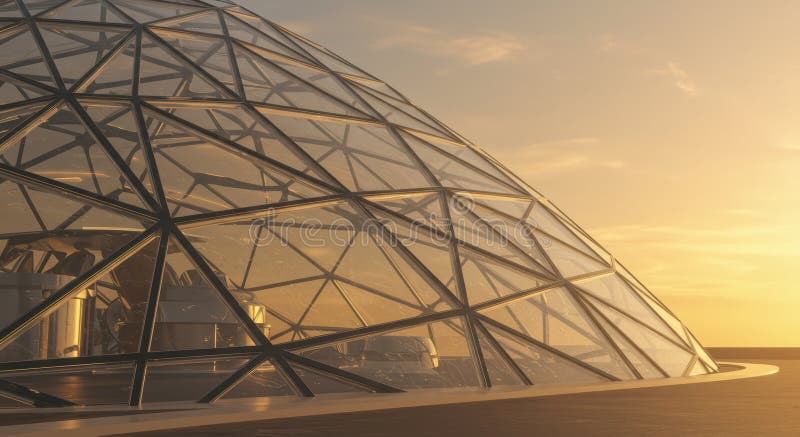 Futuristic Geodesic Dome Structure at Sunset with Reflected Sky Stock ...