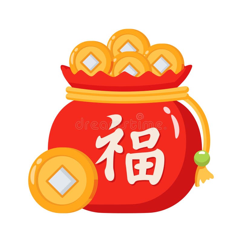 Red Bag Filled with Golden Coins and the Fu Symbol for Luck Stock ...