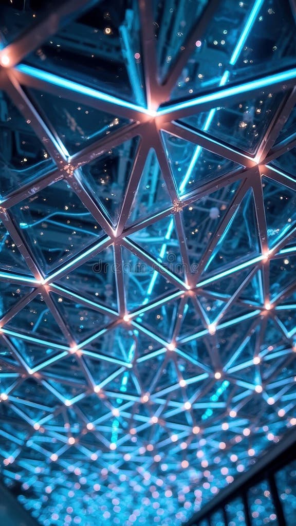 Futuristic Geometric Ceiling with Blue Neon Lights and Reflective ...