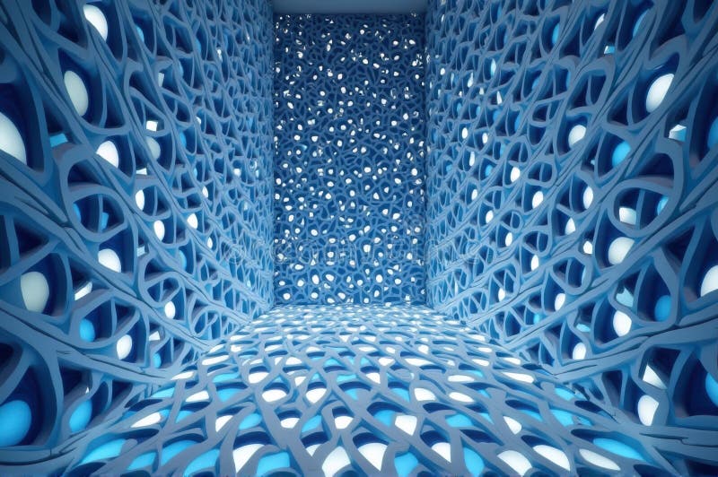 Futuristic Geometric Room with Intricate Blue Mesh Pattern and Ambient ...