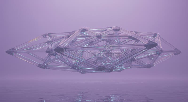 Futuristic Geometric Structure Floating Over Water in Misty Purple ...
