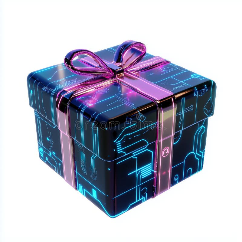 Futuristic Gift Box with Neon Circuit Design and Glowing Ribbon in Sci ...