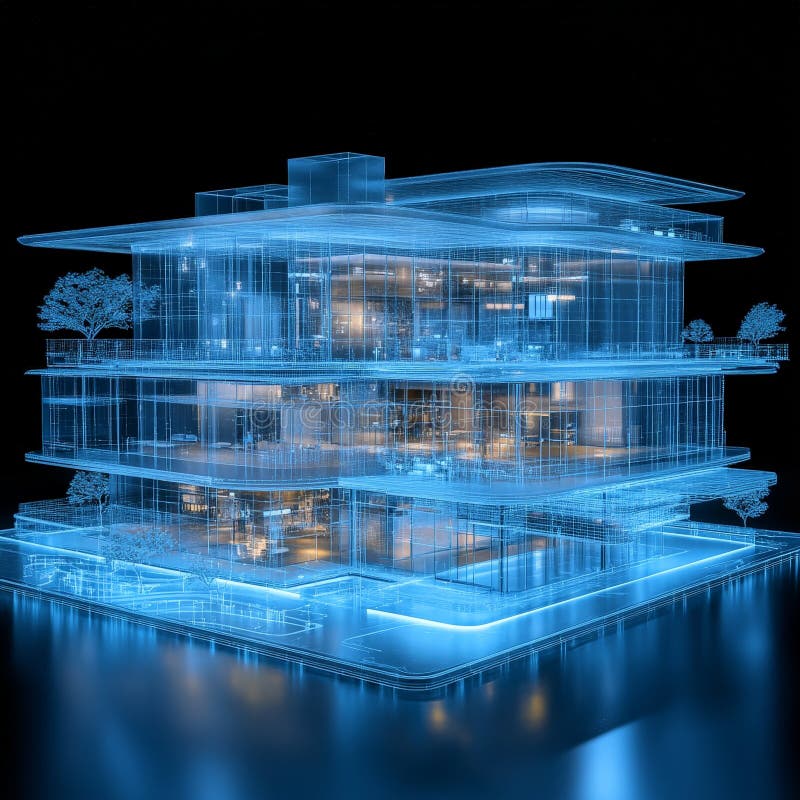 Futuristic Glass Architecture Blueprint with Digital Glow Stock ...