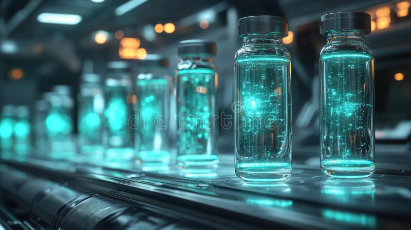 Futuristic Glass Bottles with Glowing Blue Liquid on a High-Tech ...