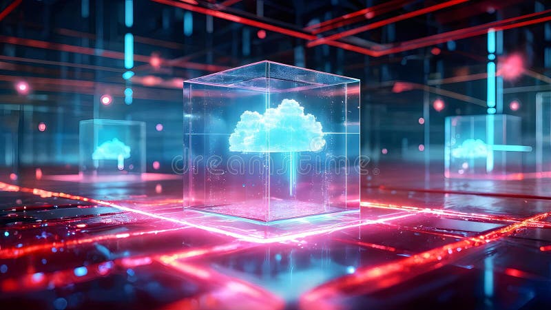 Futuristic Glass Box with Cloud in Neon Colors, Representing Cloud ...