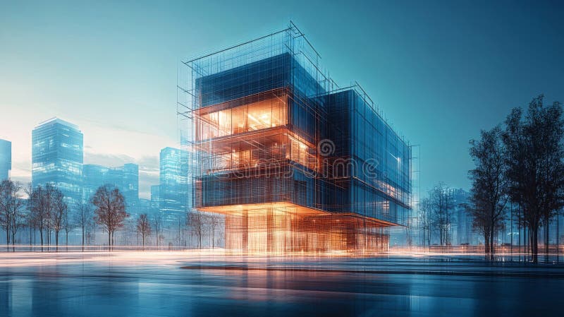 Futuristic Glass Building in City at Night Stock Illustration ...