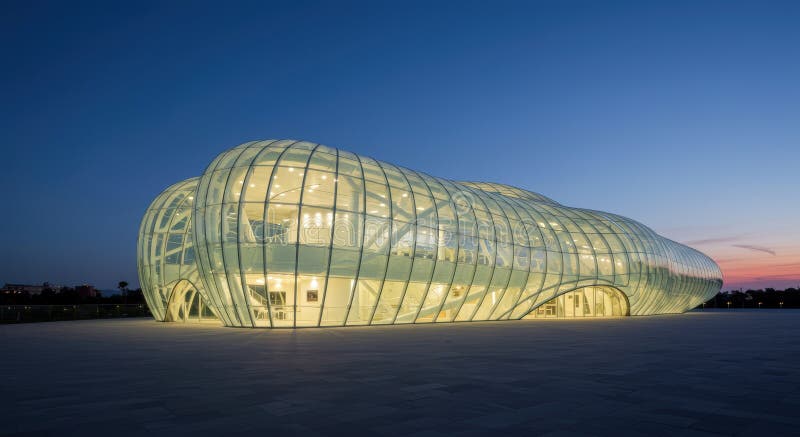 Futuristic Glass Building at Dusk with Illuminated Interior and Curved ...