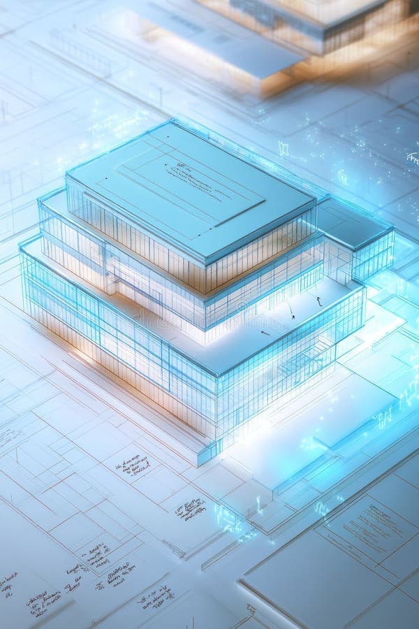 Futuristic Glass Building Emerging from Blueprint Design with Glowing ...