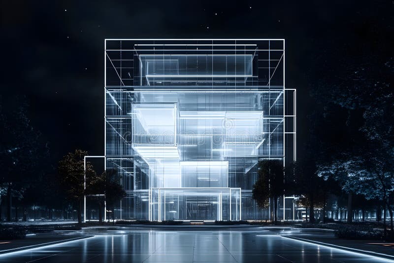 Futuristic Glass Building at Night with Illuminated Geometric Design ...