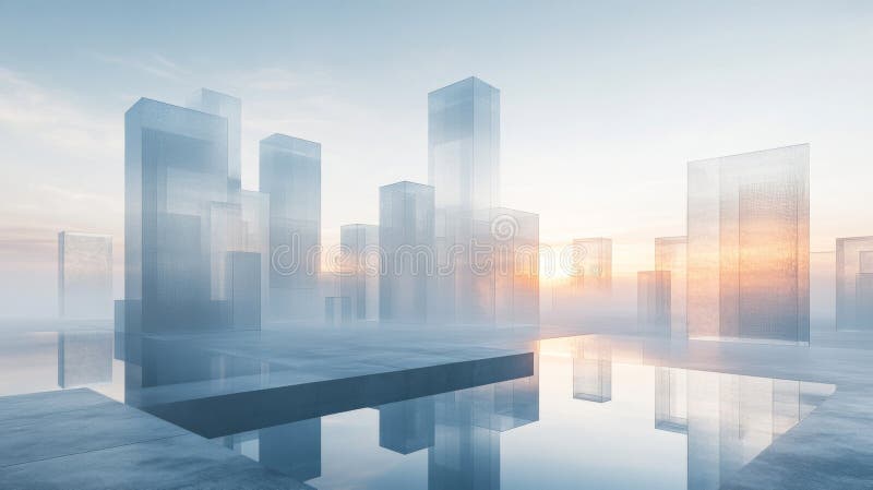Futuristic Glass City at Sunrise Stock Illustration - Illustration of ...