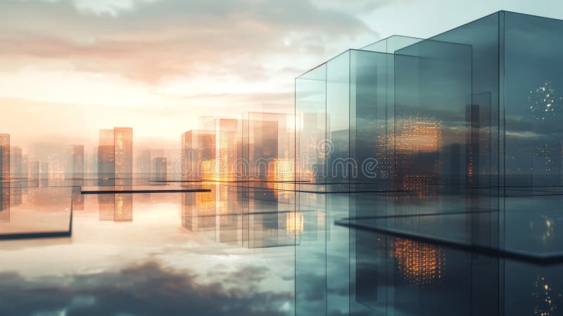 Futuristic Glass City at Sunset Reflection Stock Illustration ...