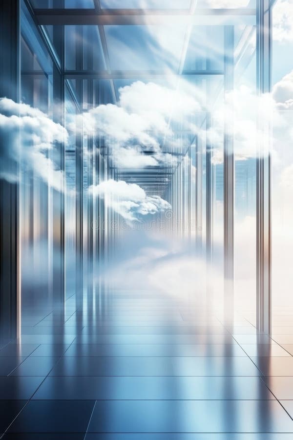 Futuristic Glass Corridor with Clouds and Sky Reflections in Modern ...