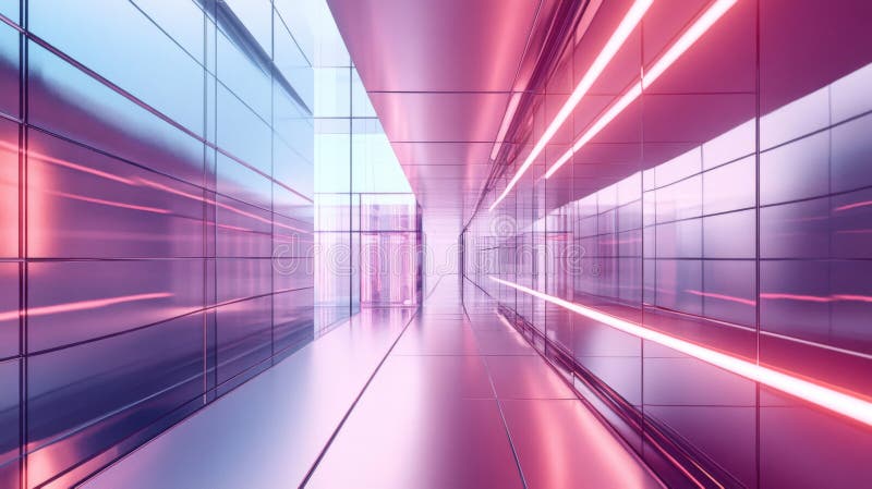 Futuristic Glass Corridor with Pink Neon Lights Stock Illustration ...