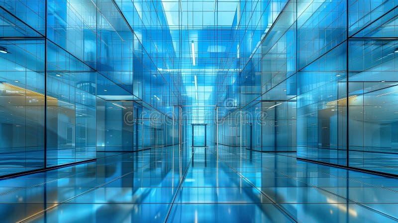 Futuristic Glass Corridor with Reflective Blue Surfaces Stock ...