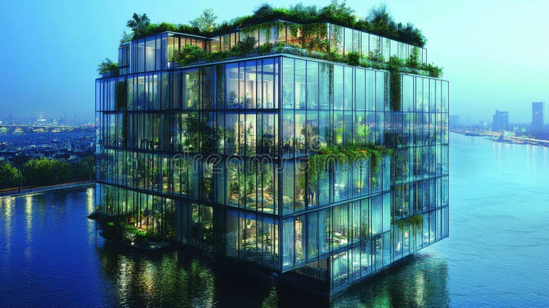 Futuristic Glass Cube Building with Rooftop Greenery on a City ...