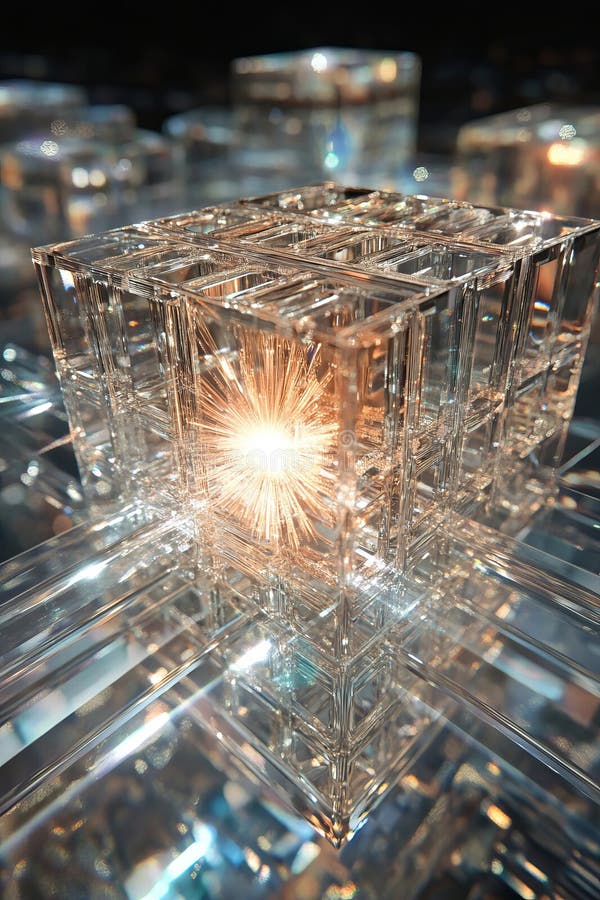 Futuristic Glass Cube with Radiant Light Burst in a Reflective ...