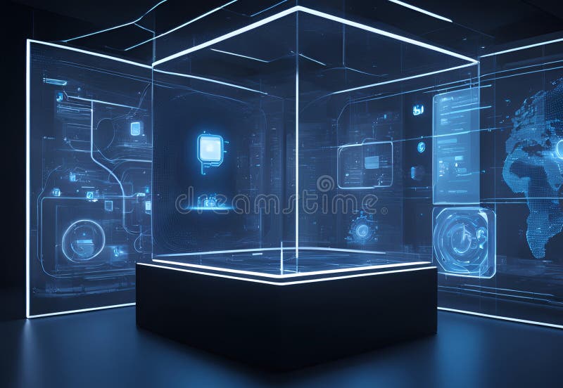 A Futuristic Glass Cube Showcasing a Virtual Interface with Dynamic ...