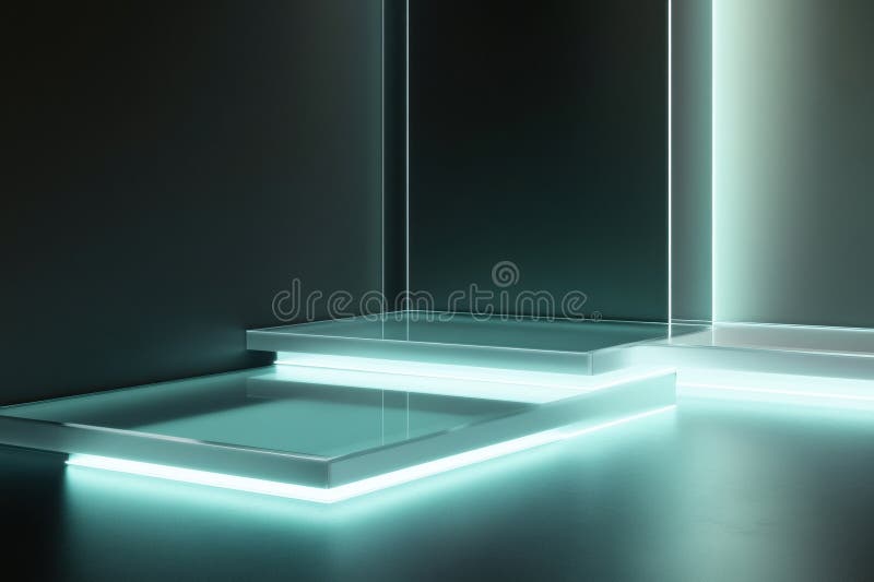 Futuristic Glass Display Platforms with Soft Glowing Edges Create a ...