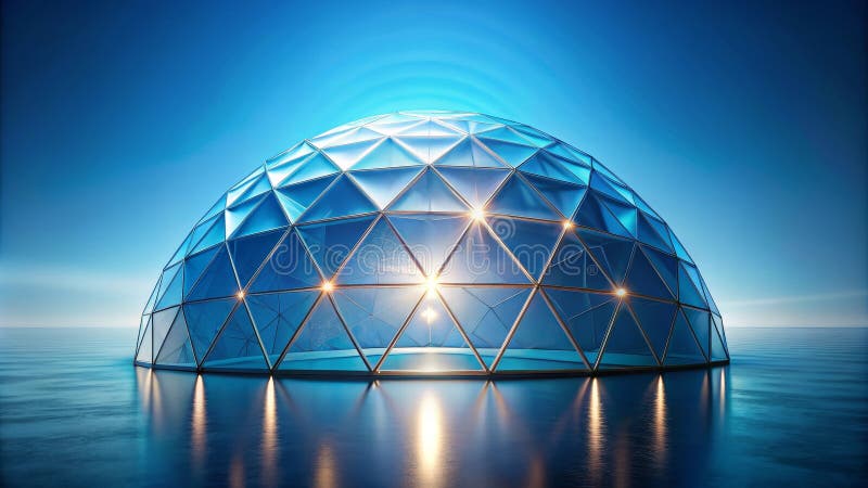 Futuristic Glass Dome Structure Floating on Calm Water Under a Clear ...