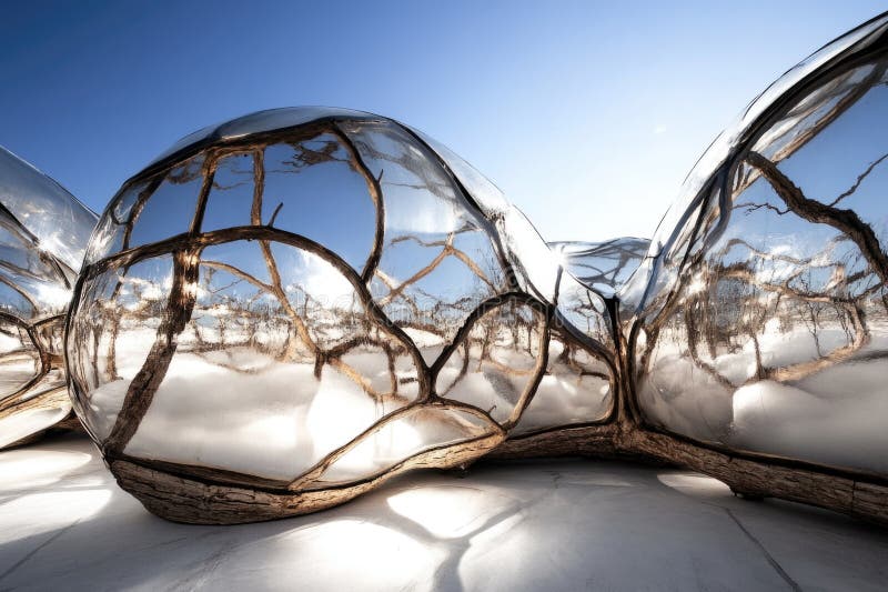 Futuristic Glass Domes with Tree Branch Structures Under Clear Blue Sky ...