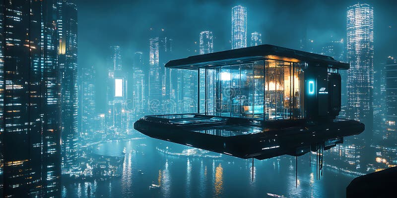 A Futuristic Glass House Floating Above a Serene Landscape Stock ...
