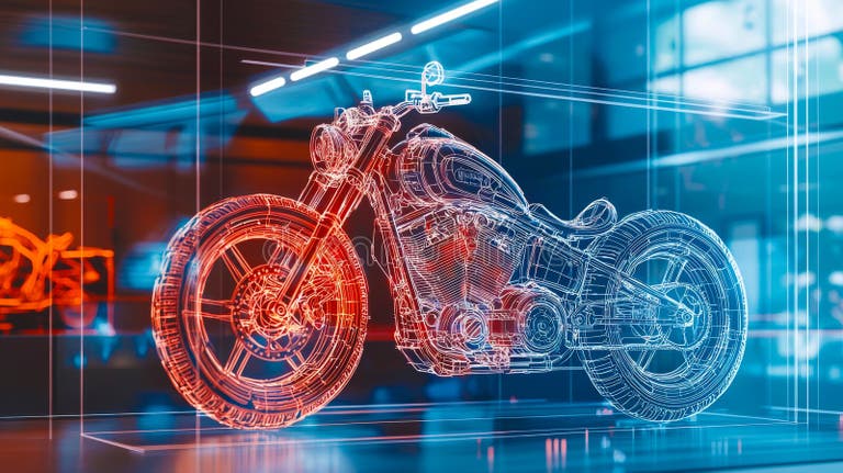 Futuristic Glass Panel Displaying High-tech Motorcycle Blueprints ...