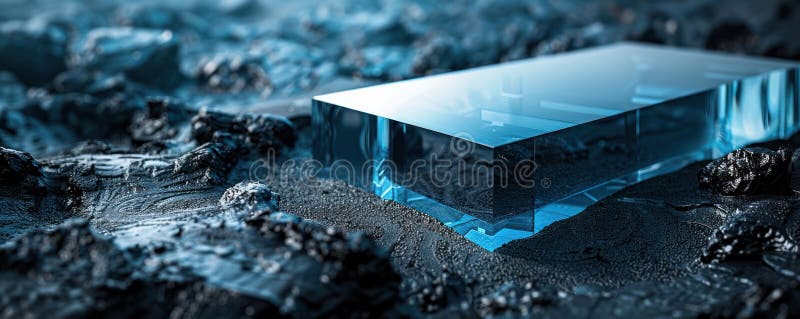 Futuristic Glass Rectangular Block Embedded in a Textured Metallic ...