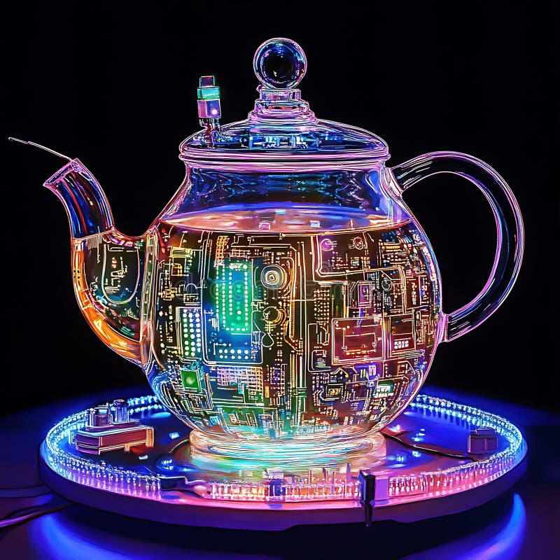 Futuristic Glass Teapot with Circuit Board Design Illuminated on a ...