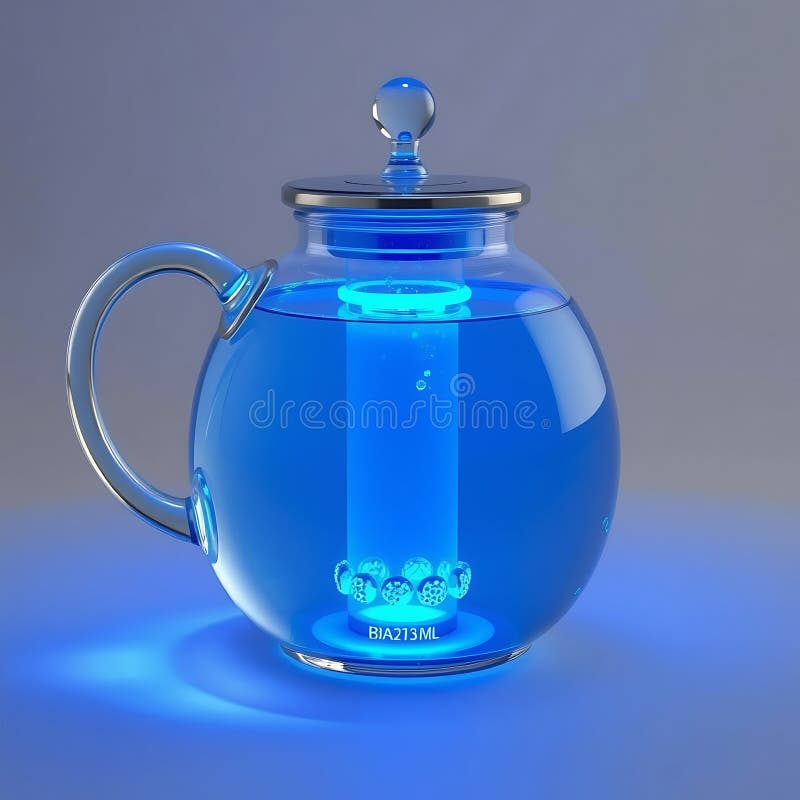 A Futuristic Glass Teapot Filled with Glowing Blue Liquid Stock ...