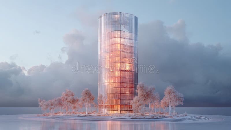 Futuristic Glass Tower on Snowy Island at Dawn Stock Illustration ...