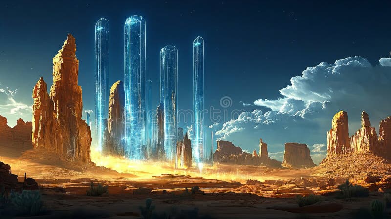 Futuristic Glass Towers in Desert Landscape at Sunset Stock ...