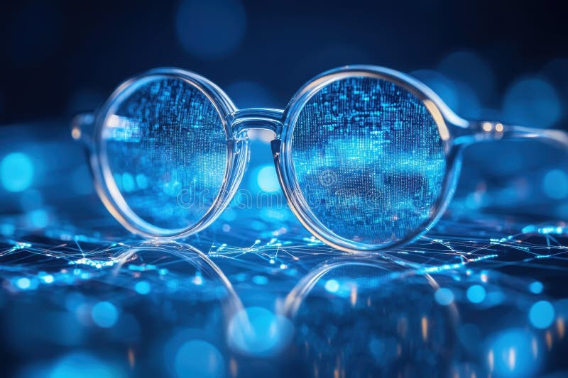 Futuristic Glasses with a Digital Overlay Glowing Against a Blue ...