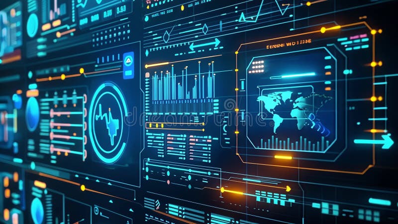 Futuristic Global Big Data Analysis Displaying on Screen with Charts ...