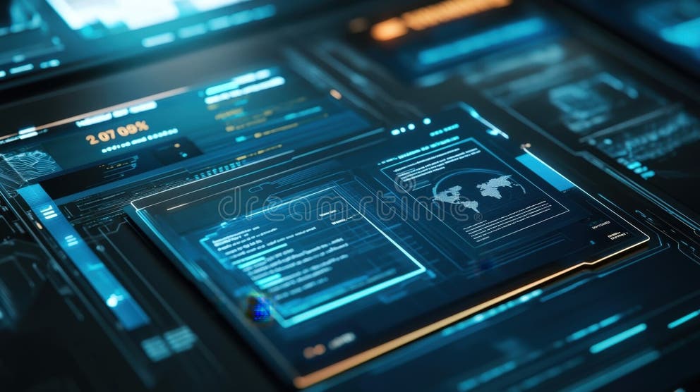 Futuristic Global Cyber Security Monitoring System Analyzing Data on Multiple Screens Stock ...