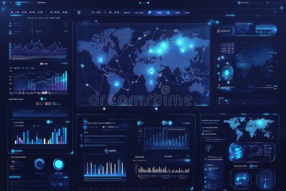 Futuristic Global Data Analysis Displaying Interactive Charts and World Map Stock Illustration ...