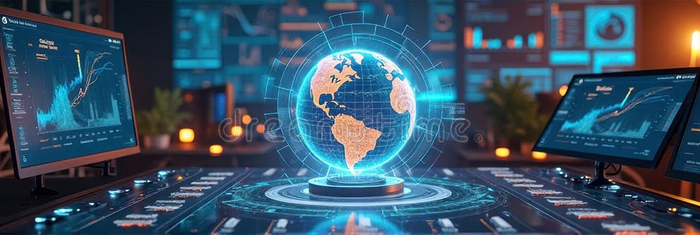 Futuristic Global Data Analysis Hub with Holographic Earth and Digital ...