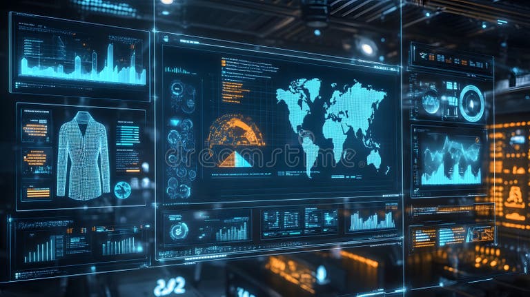 Futuristic Global Data Visualization Interface with Glowing Blue and Orange Hues Stock ...