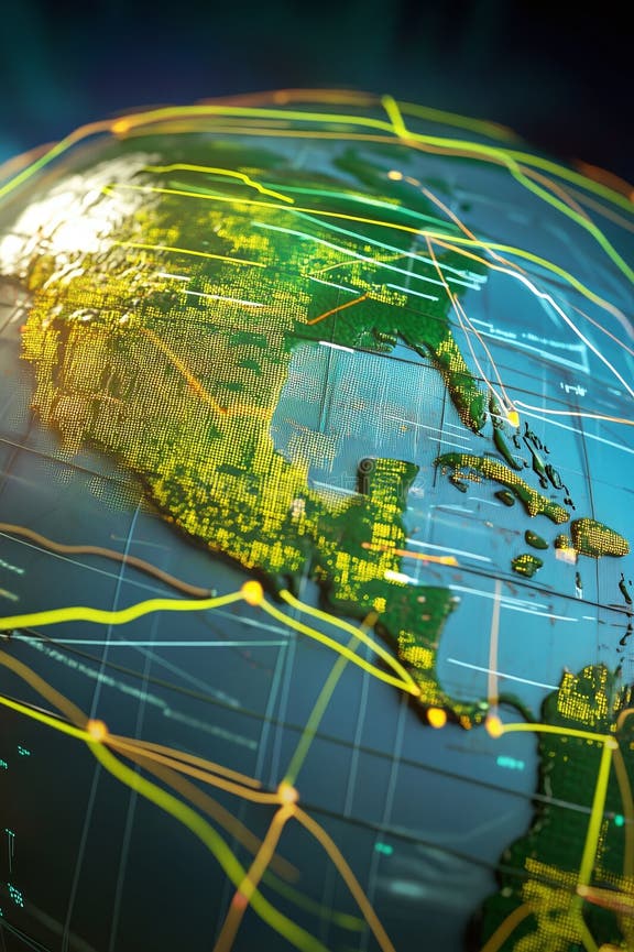 A Futuristic Global GIS Map on a 3D Globe with Data Streaming Lines ...