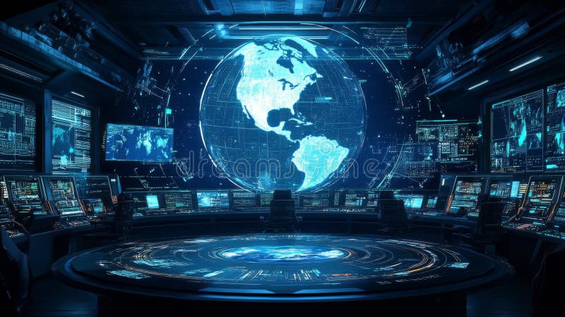 Futuristic Global Network Control Room with Digital Globe Stock ...