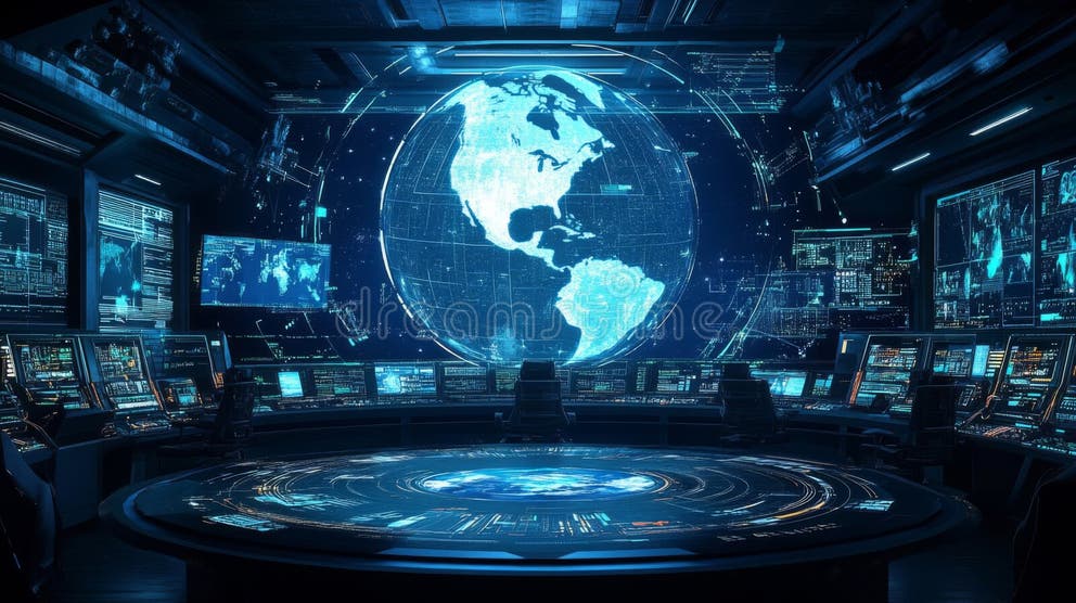Futuristic Global Network Control Room with Digital Globe Stock ...
