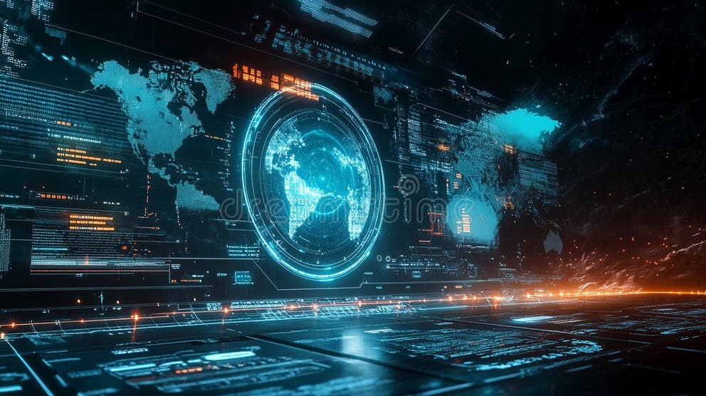 Futuristic Global Network Digital Interface Technology Data Visualization World Map Blue Dark ...