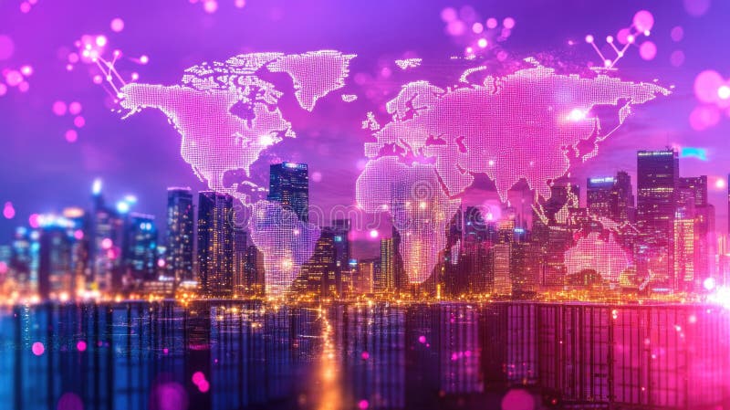 Futuristic Global Network Over Cityscape with Digital World Map and ...