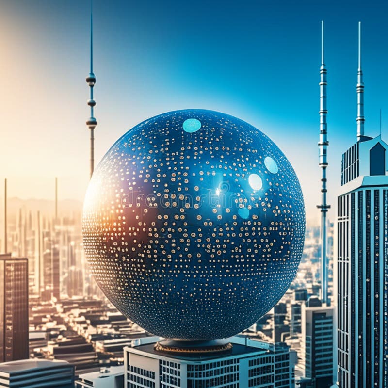 Futuristic Globe with Binary Code and City Skyline. 3d Rendering ...