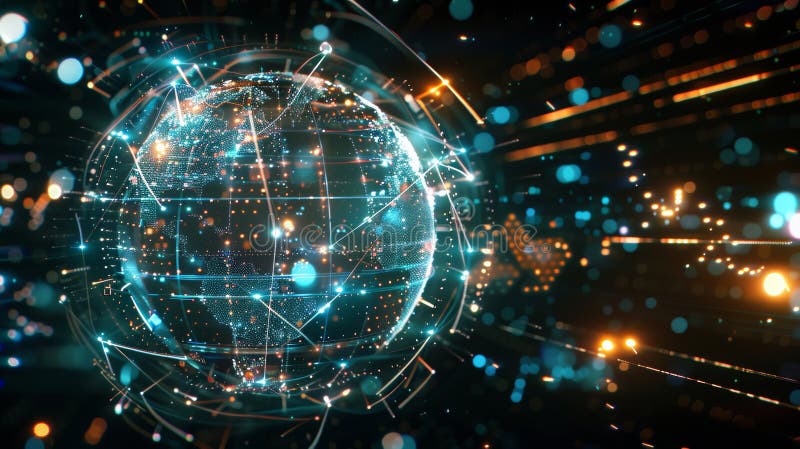 Futuristic Globe with Digital Graphics and Interconnected Network Lines Against High Tech ...