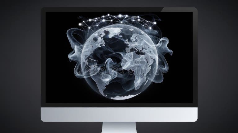 Futuristic Globe Projection on a Computer Screen Showcasing Global ...