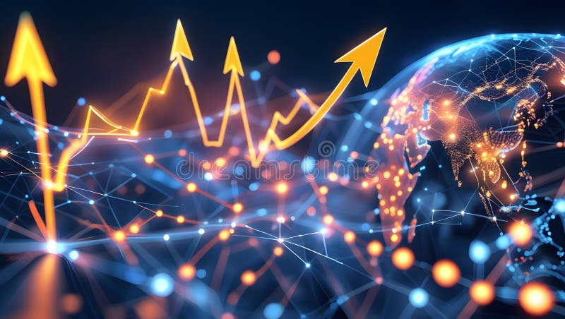 Futuristic Globe with Upward Trending Graphs, Holographic Globe Interface with Growth Arrows ...
