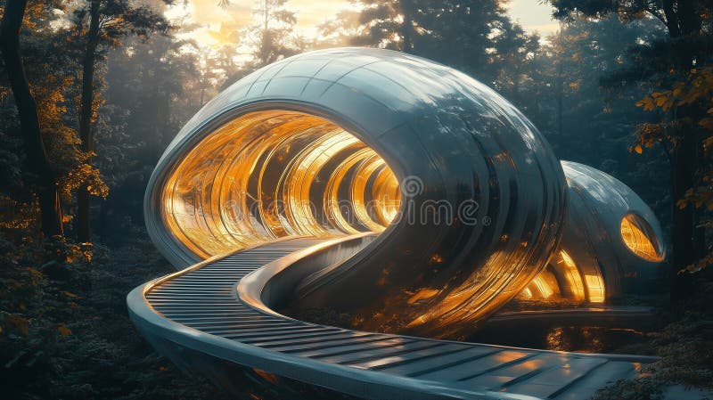 A Futuristic, Glowing Architectural Structure with Curved Glass Walls ...